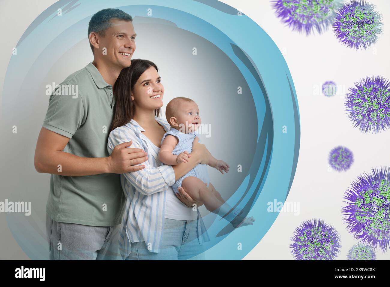 Happy family with strong immunity on light background. Bubble around ...