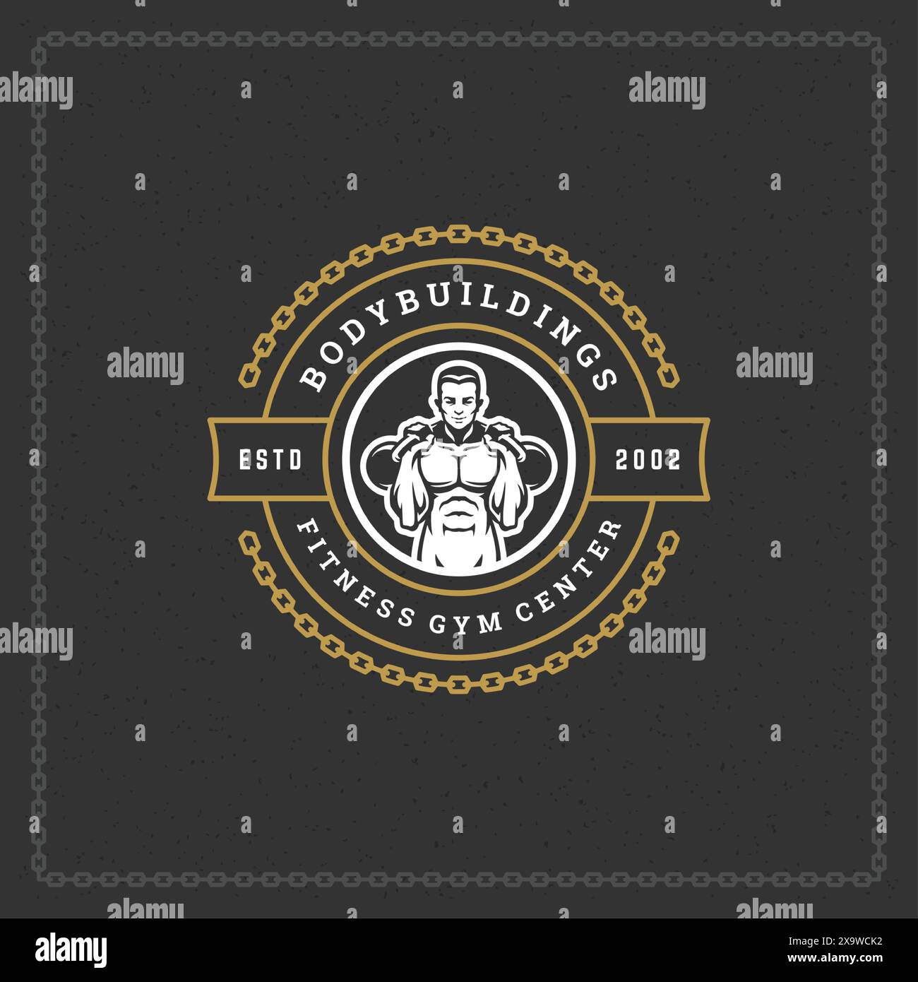 Bodybuilder man logo or badge vector illustration, male hands holding ...