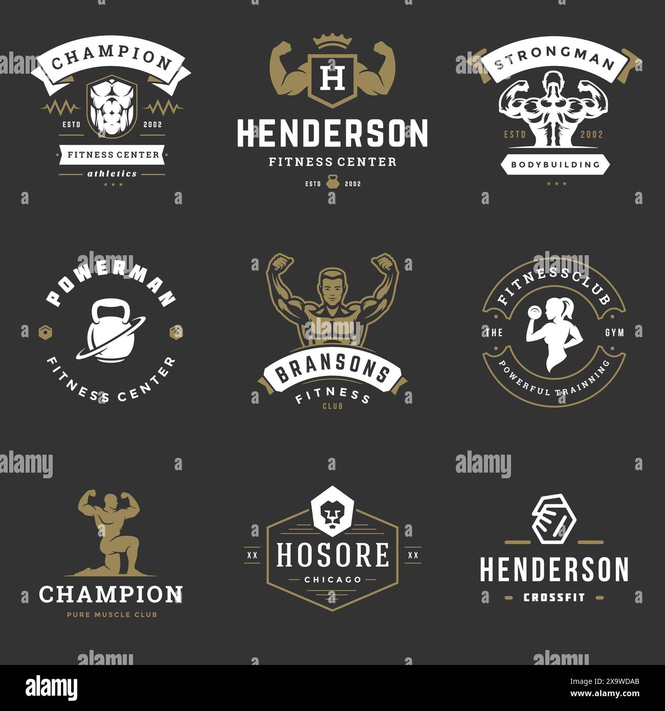 Fitness center and sport gym logos and badges design set vector ...