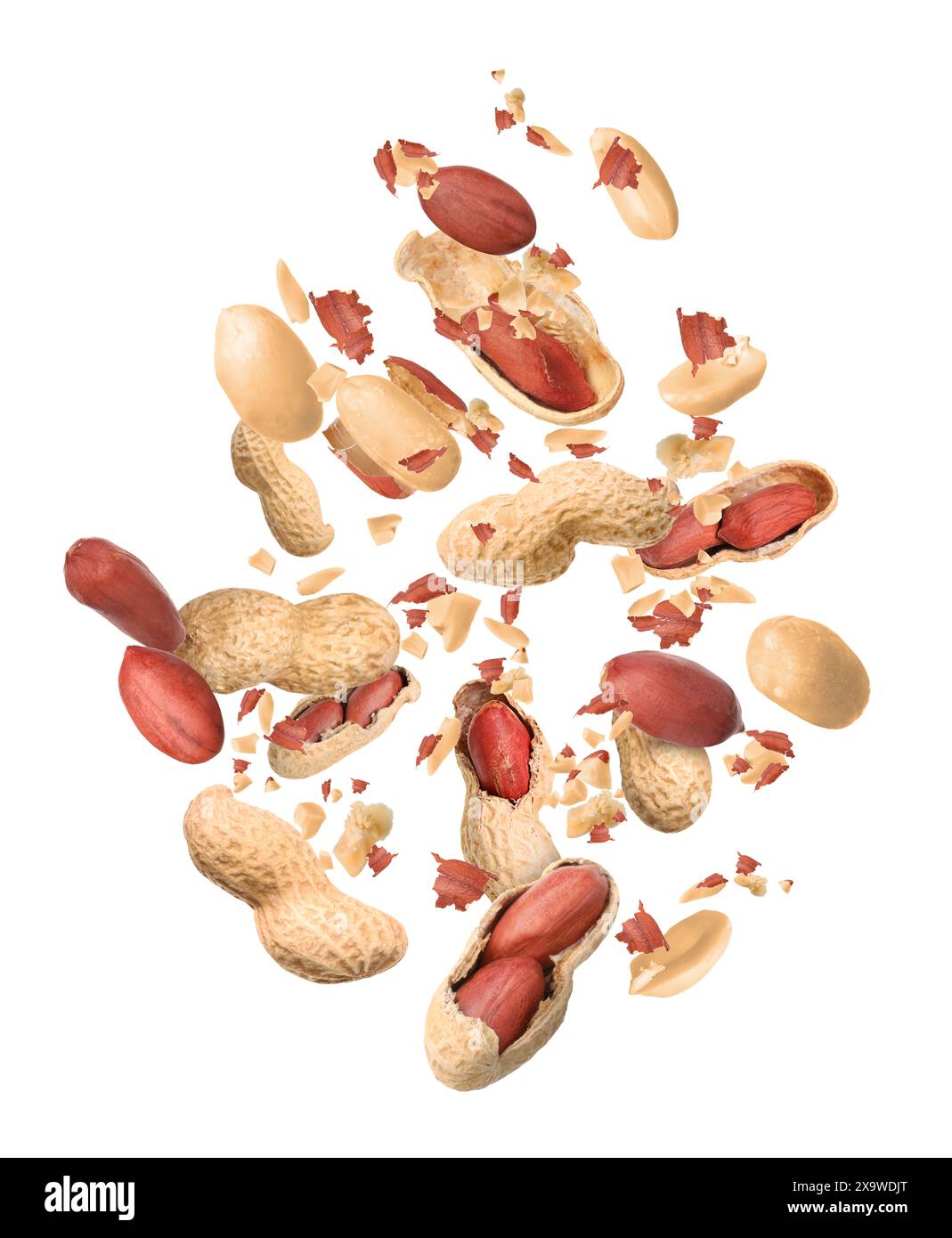 Many peanuts in air on white background Stock Photo - Alamy