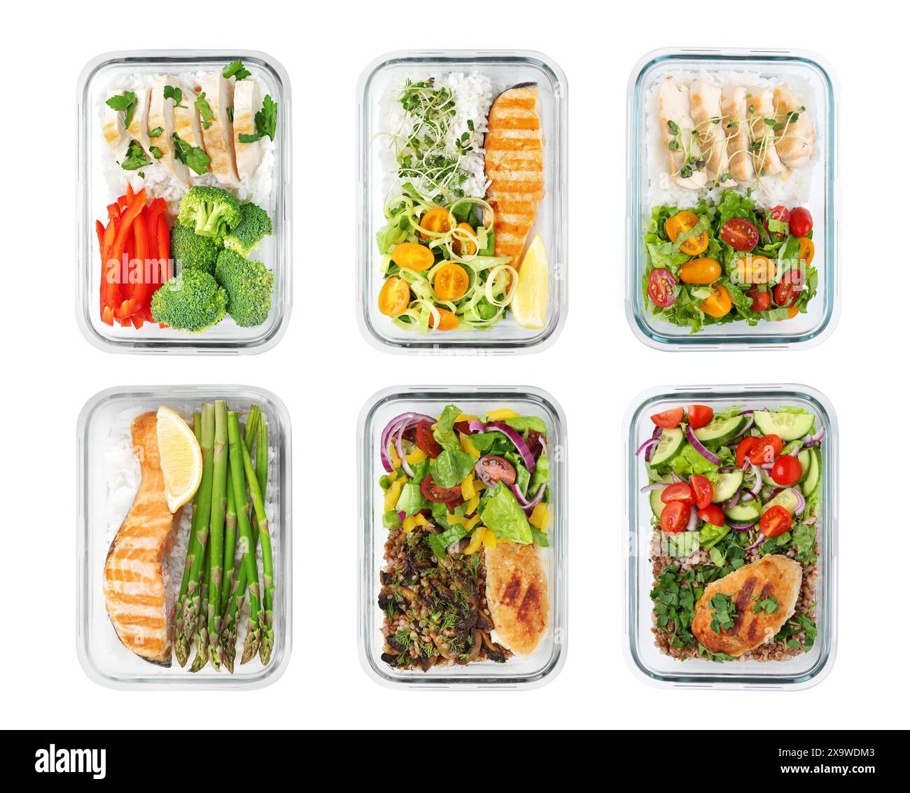 Different delicious meals in containers isolated on white, top view ...
