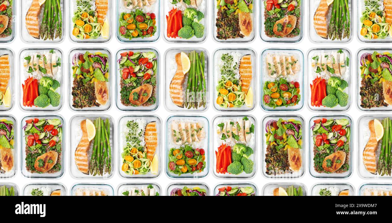 Different delicious meals in containers on white background, top view ...