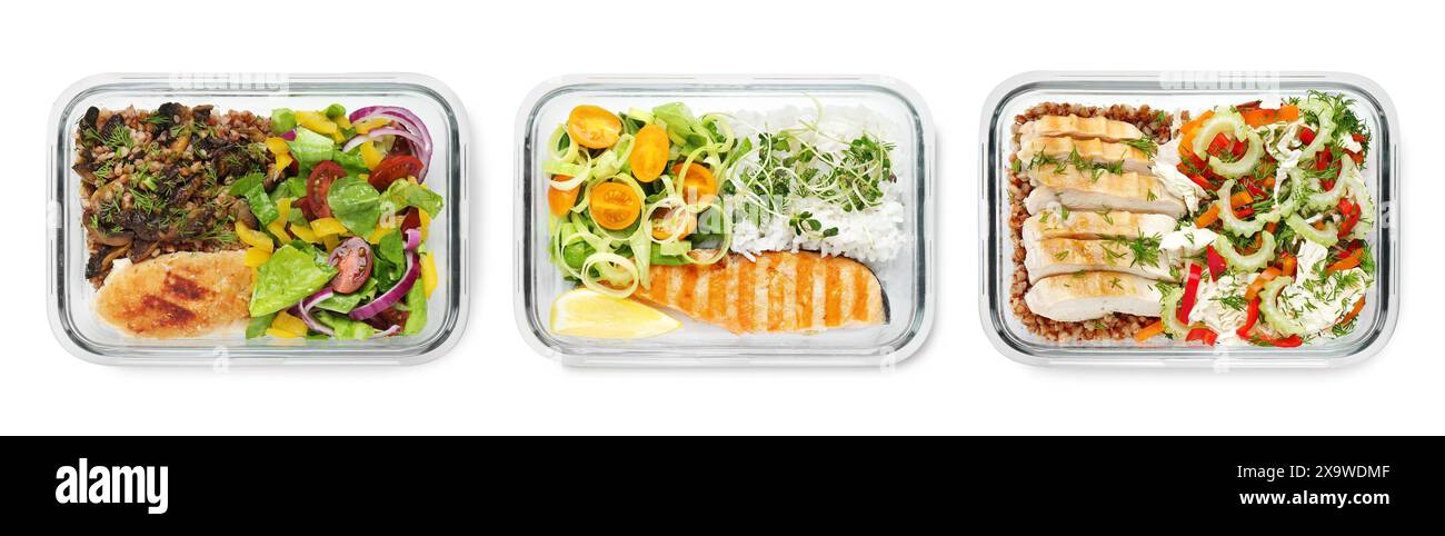 Different delicious meals in containers isolated on white, top view ...