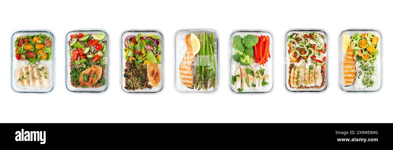 Different delicious meals in containers isolated on white, top view ...