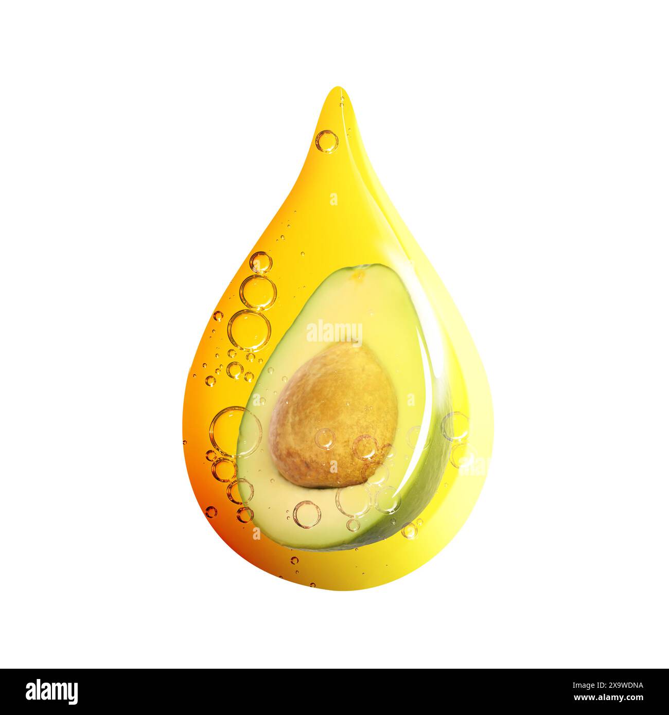 Cooking oil drop with half of avocado inside on white background Stock ...