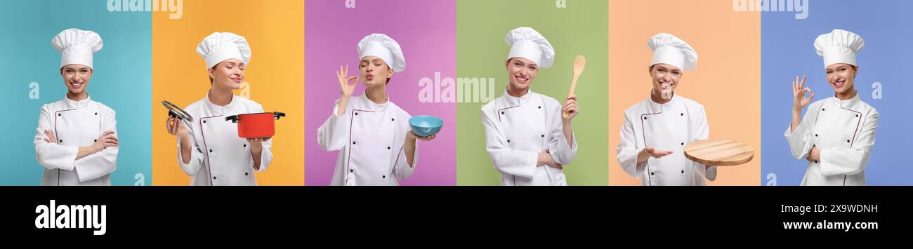 Collage with photos of professional chef on different color backgrounds ...