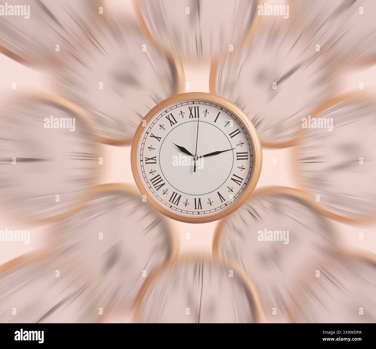 Many clocks on beige background, motion blur effect. Time concept Stock ...