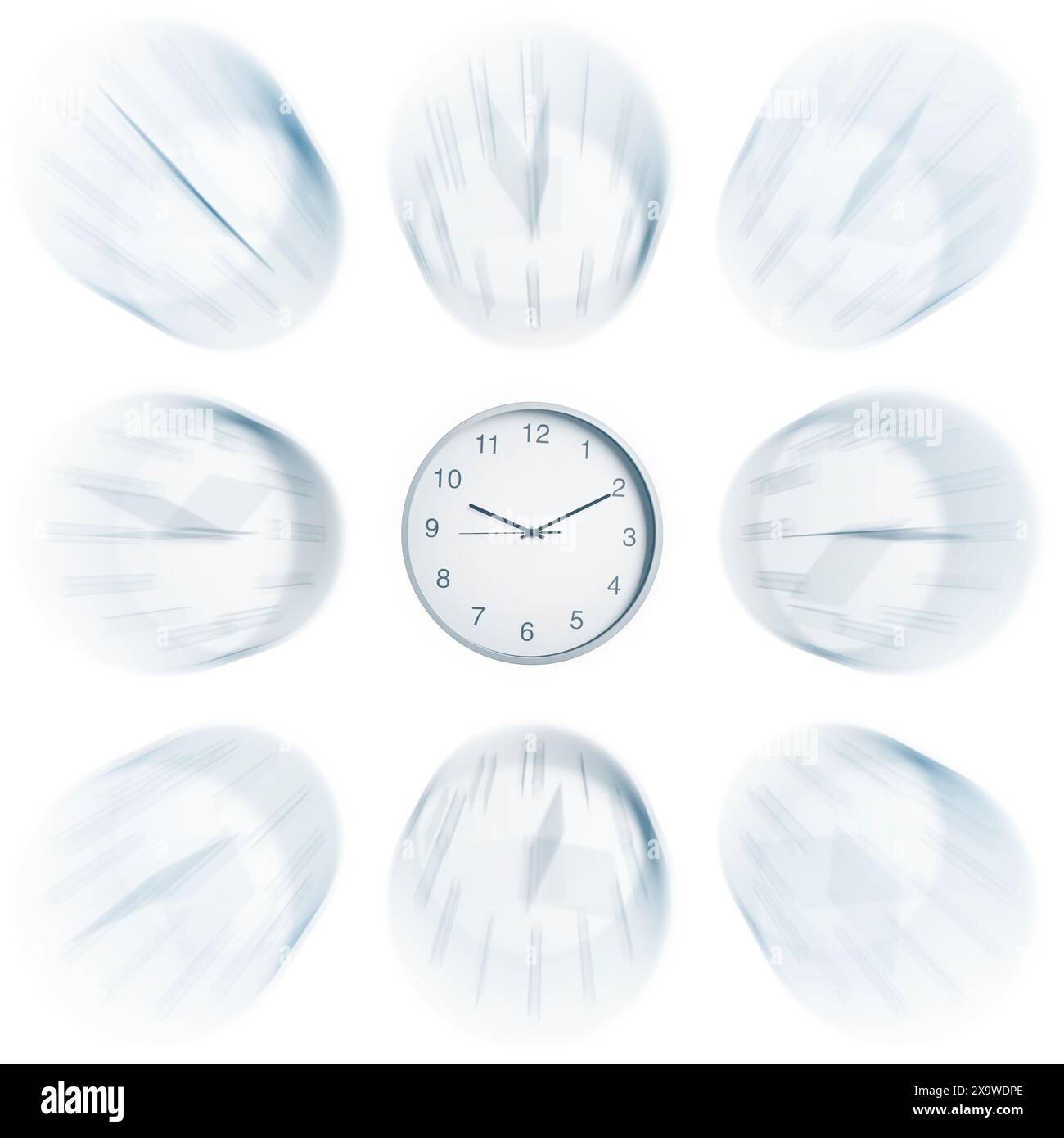 Many clocks on white background, motion blur effect. Time concept Stock ...