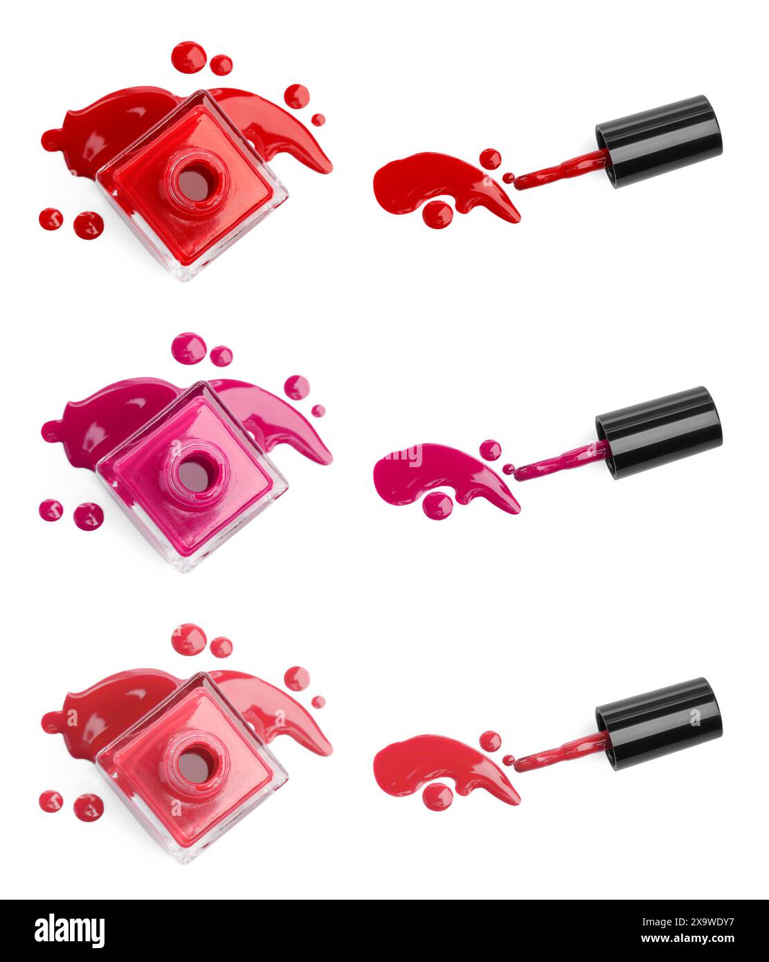 Different color nail polish collection. Set of brushes and bottles with ...