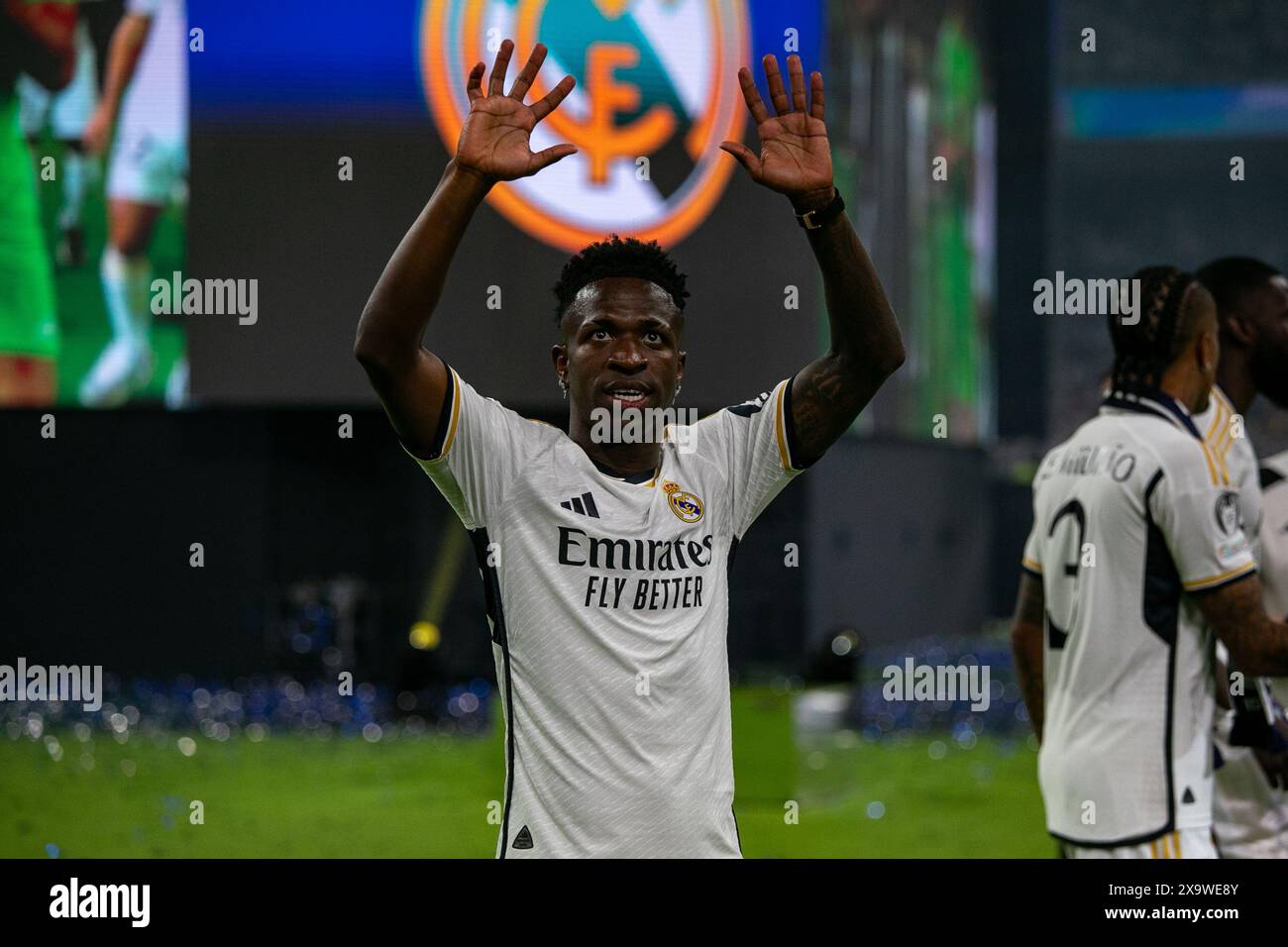 Madrid, Spain. 02nd June, 2024. Vinicius Junior of Real Madrid salutes ...
