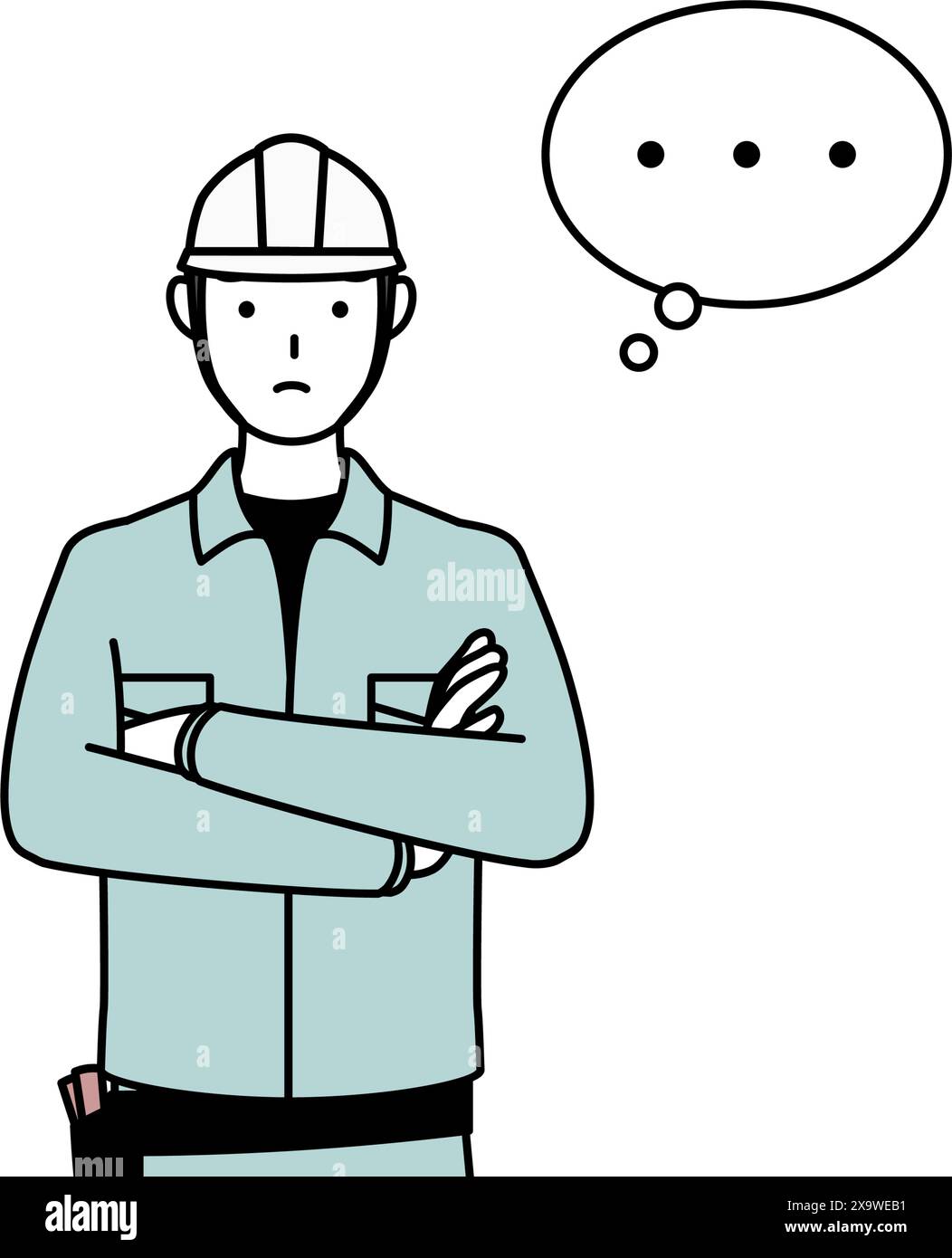 Man in helmet and workwear with crossed arms, deep in thought, Vector ...