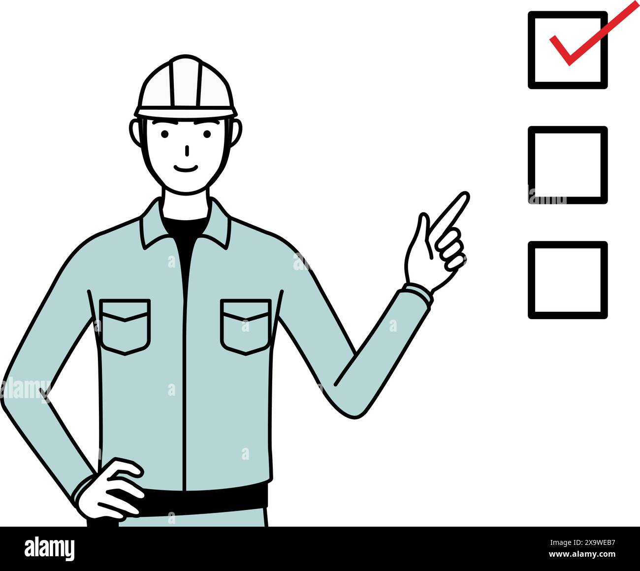 Man in helmet and workwear pointing to a checklist, Vector Illustration ...