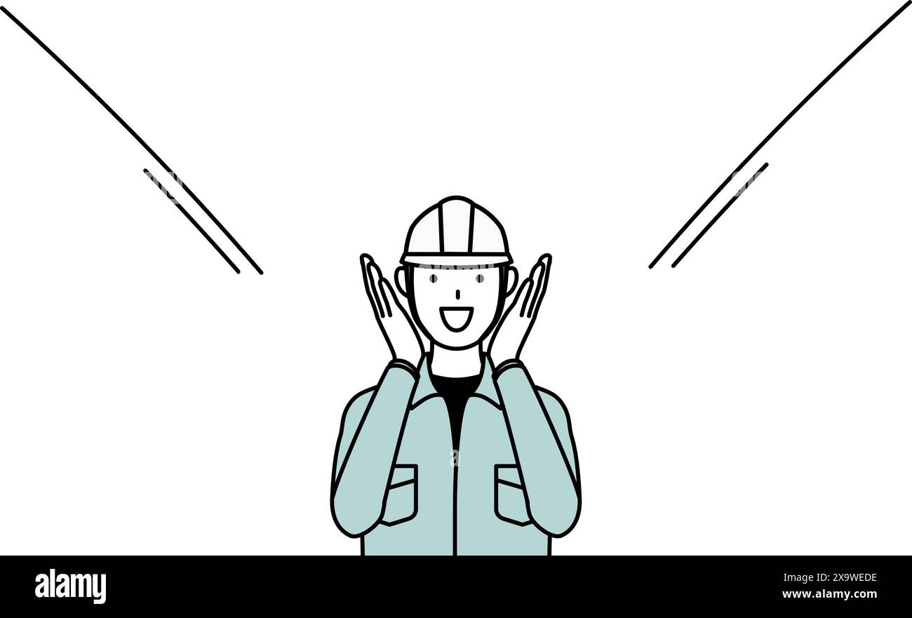 Man in helmet and workwear calling out with his hand over his mouth ...