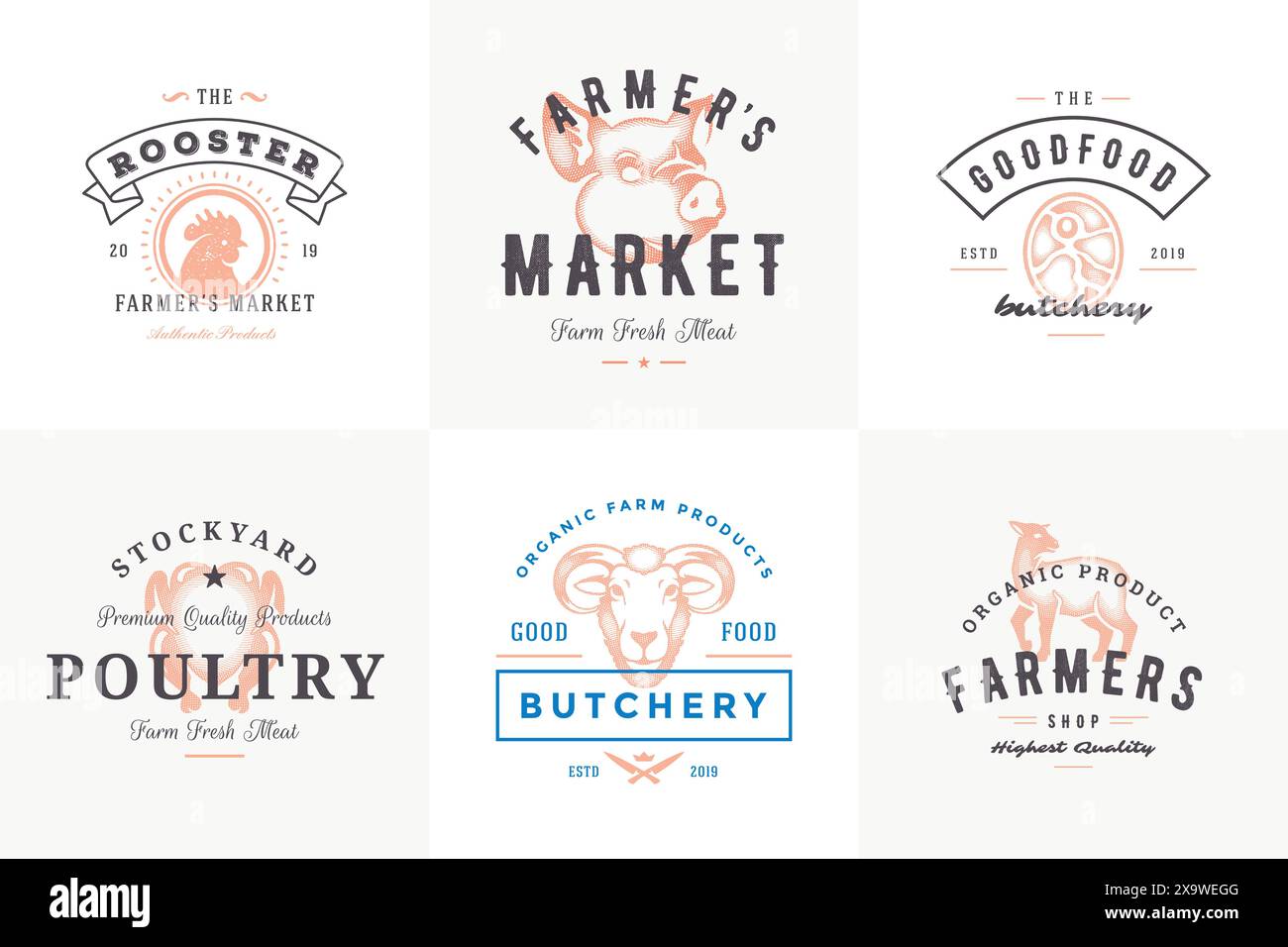 Engraving logos and labels farm animals with modern vintage typography ...