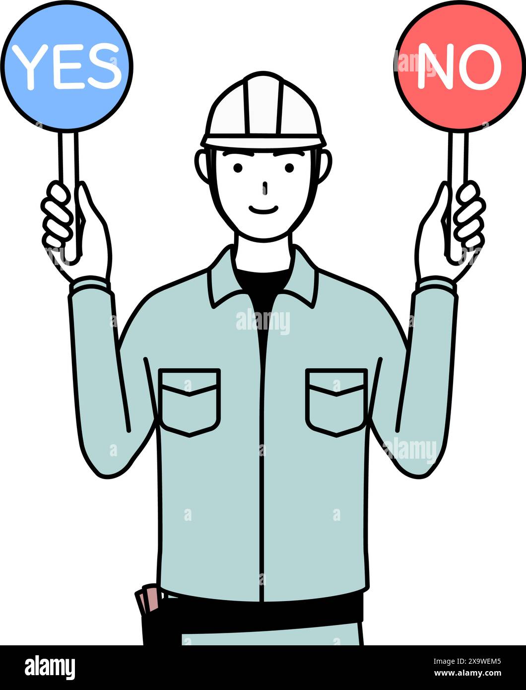 Man in helmet and workwear holding a placard indicating correct and ...