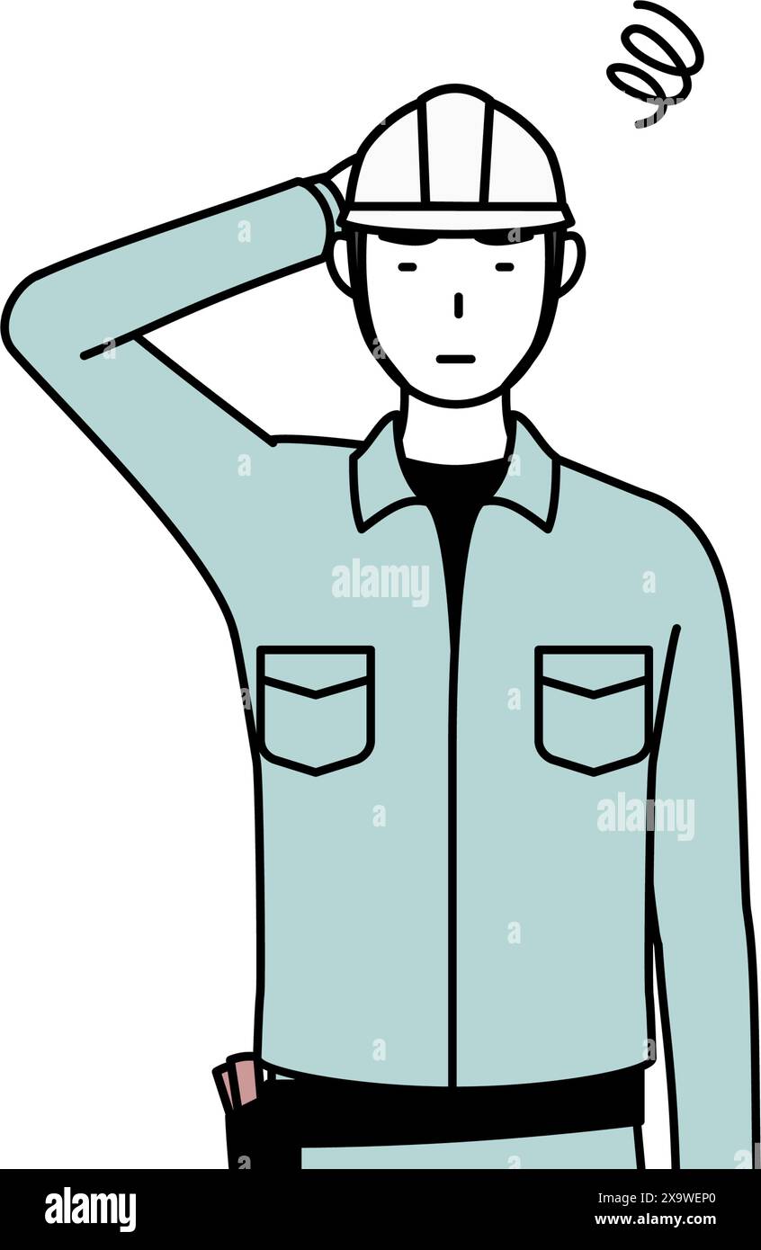 Man in helmet and workwear scratching his head in distress, Vector ...