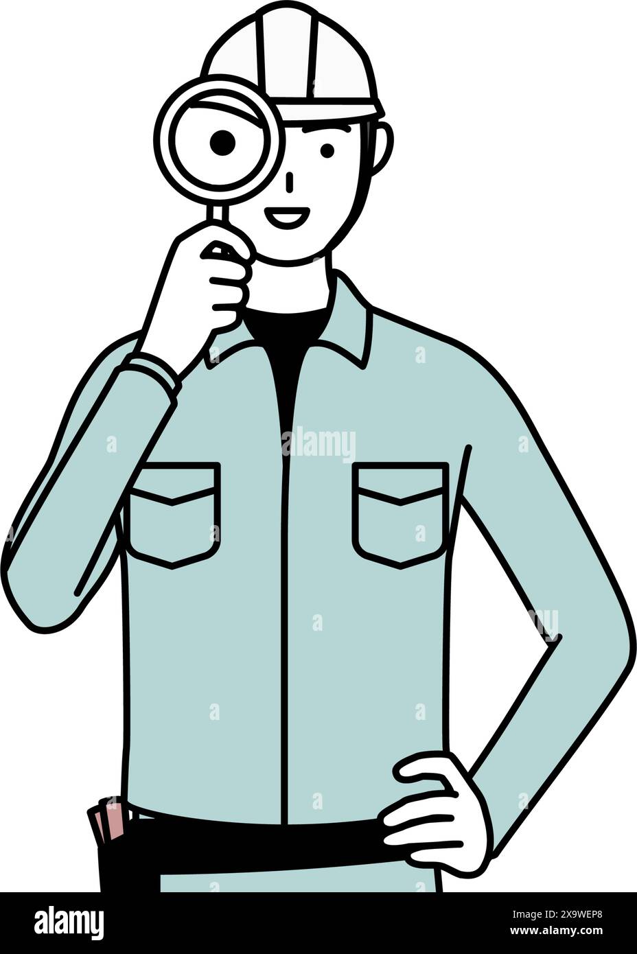 Man in helmet and workwear looking through magnifying glasses, Vector ...