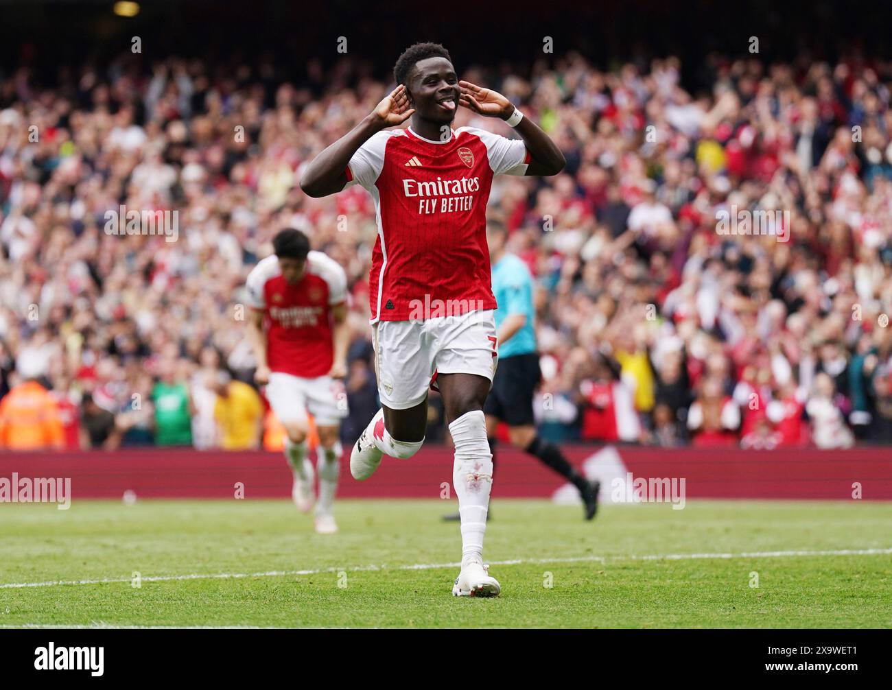 File photo dated 04-05-2024 of Arsenal's Bukayo Saka celebrates scoring ...