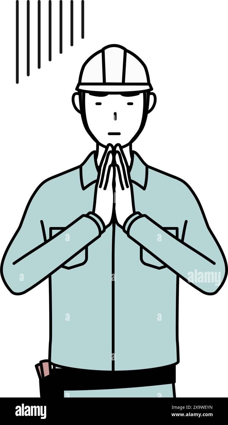 Man in helmet and workwear apologizing with his hands in front of his ...