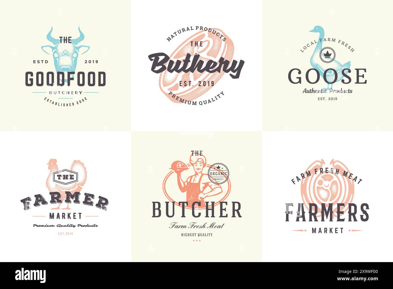 Hand drawn logos and labels farm animals with modern vintage typography ...