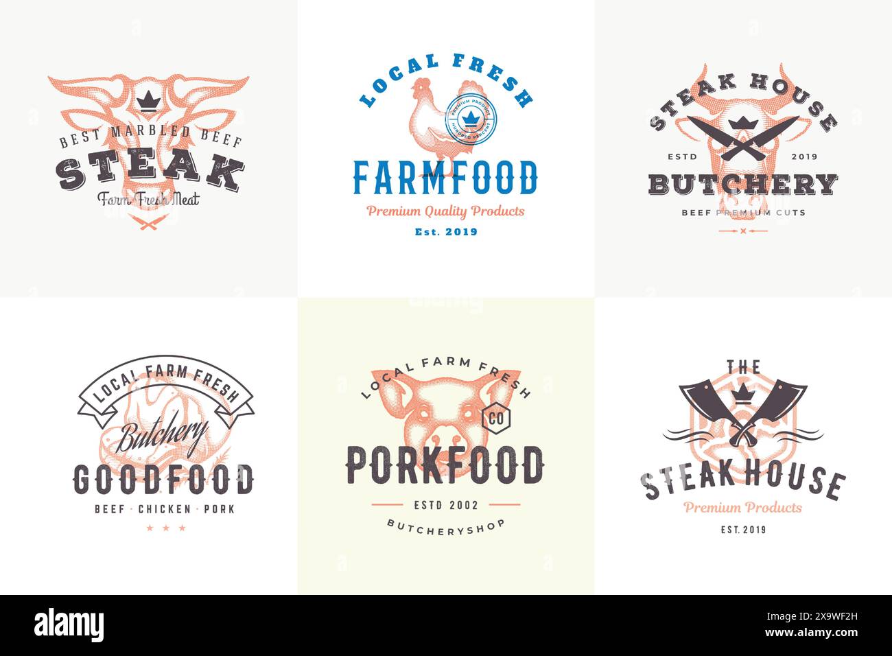 Hand drawn logos and labels farm animals with modern vintage typography ...