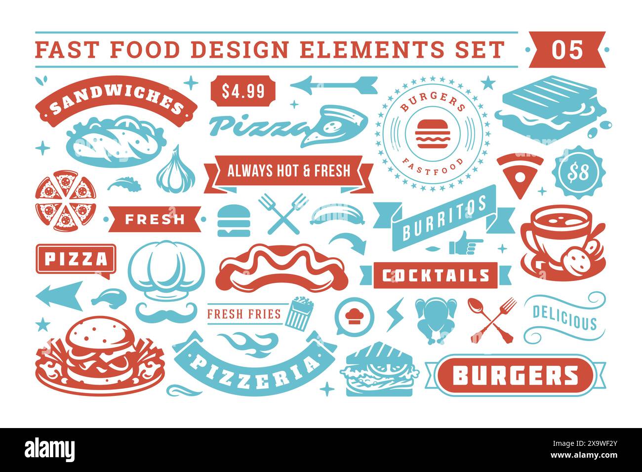 Fast food and street signs and symbols with retro typographic design ...