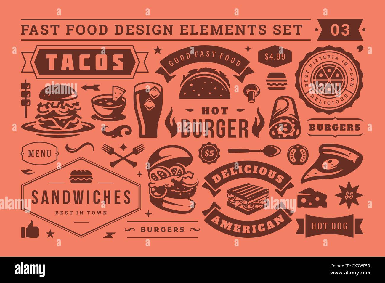 Fast food and street signs and symbols with retro typographic design ...