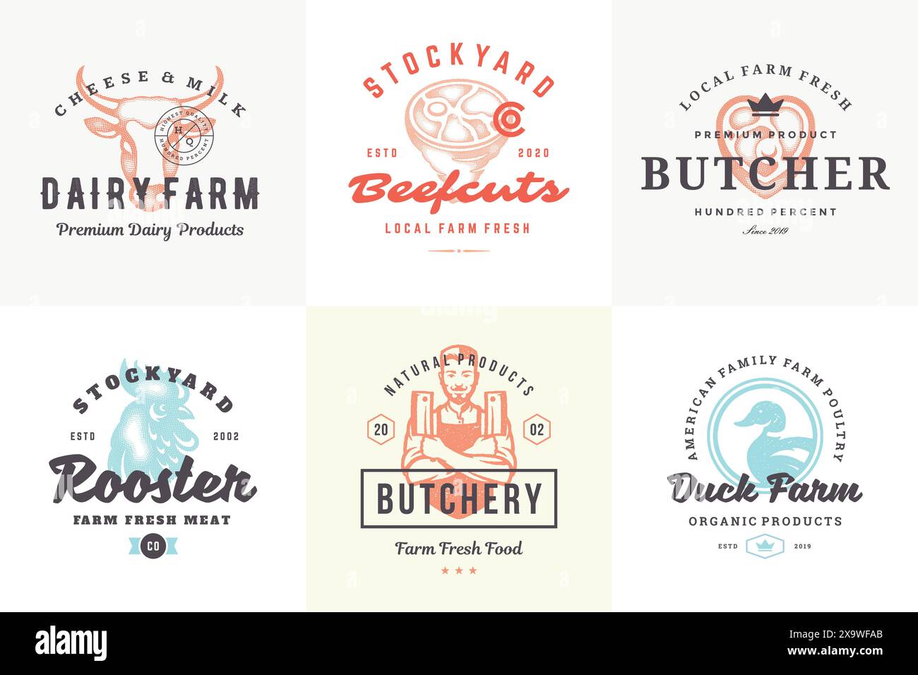Hand drawn logos and labels farm animals with modern vintage typography ...
