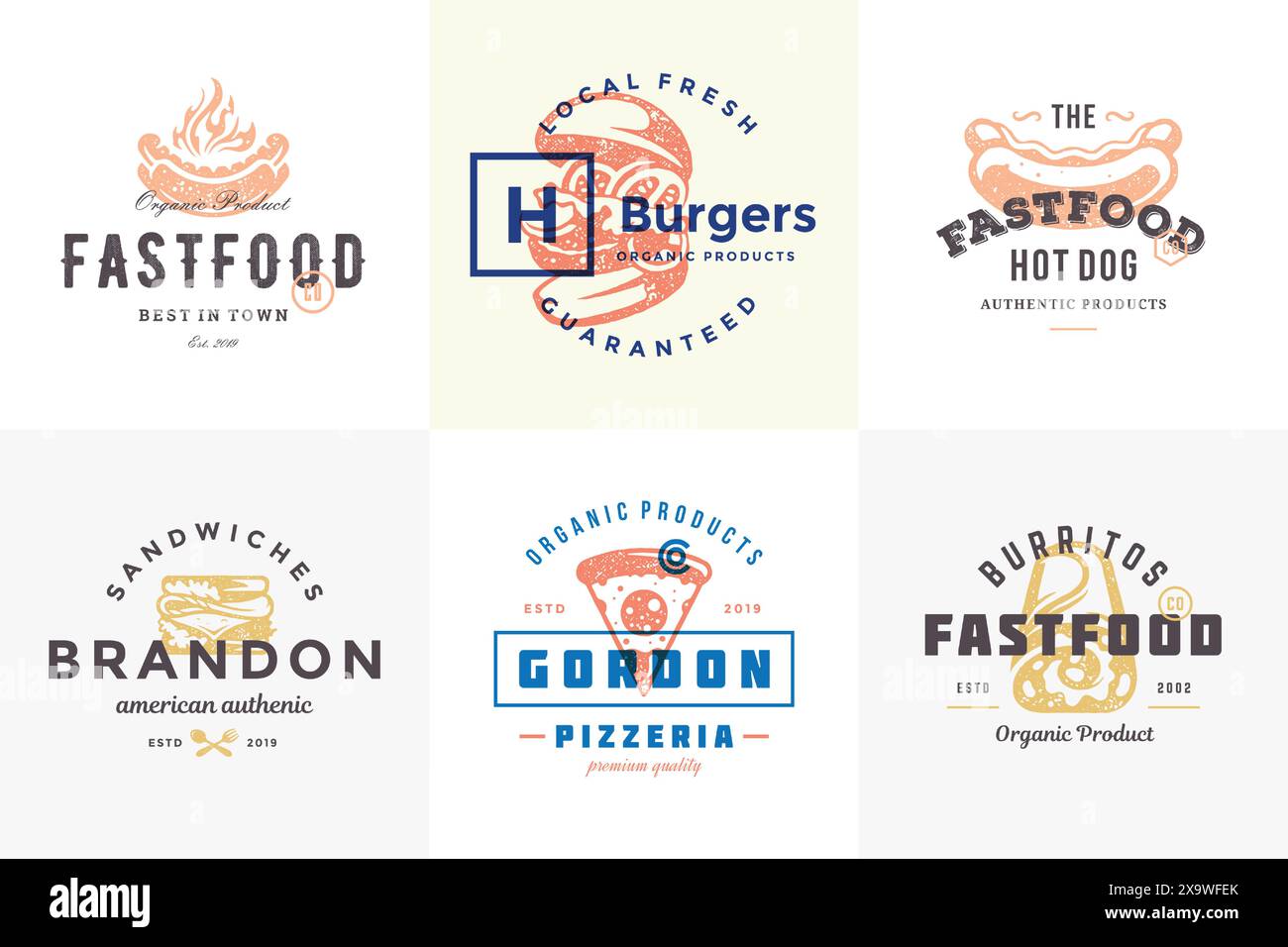 Hand drawn fast food logos and labels with modern vintage typography ...