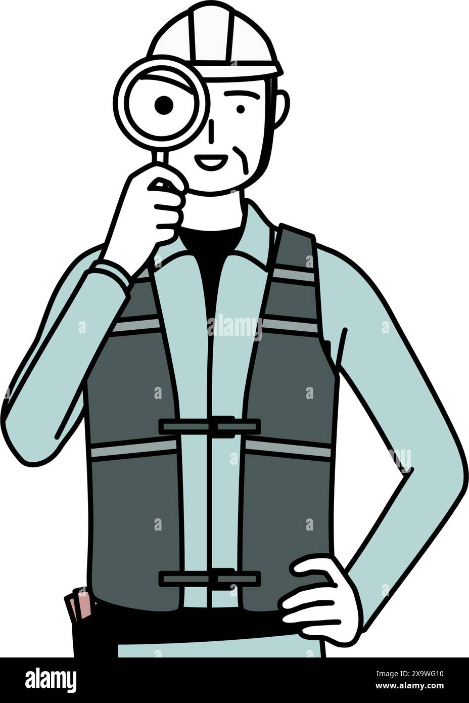 Senior male engineer in helmet and work wear looking through magnifying ...