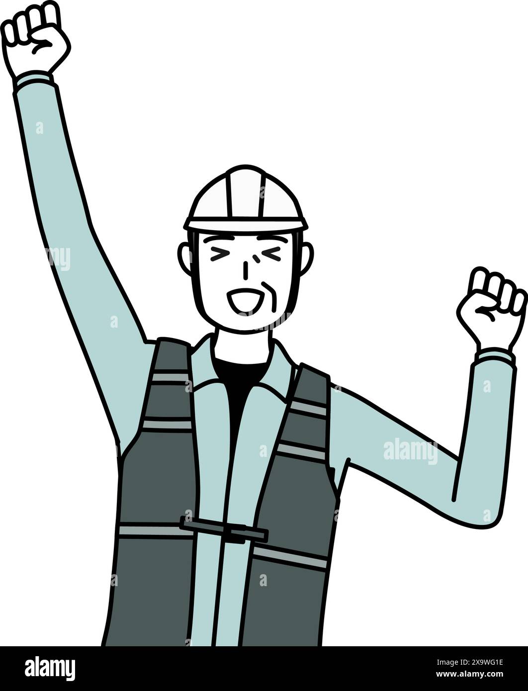 Senior male engineer in helmet and work wear smiling and jumping ...