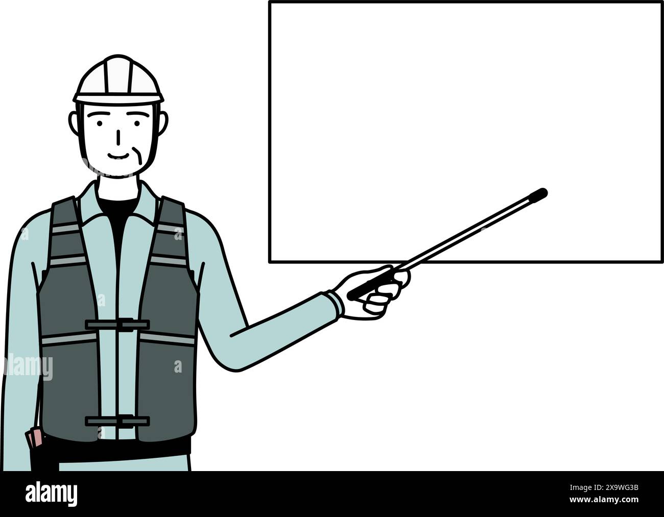 Senior male engineer in helmet and work wear pointing at a whiteboard ...