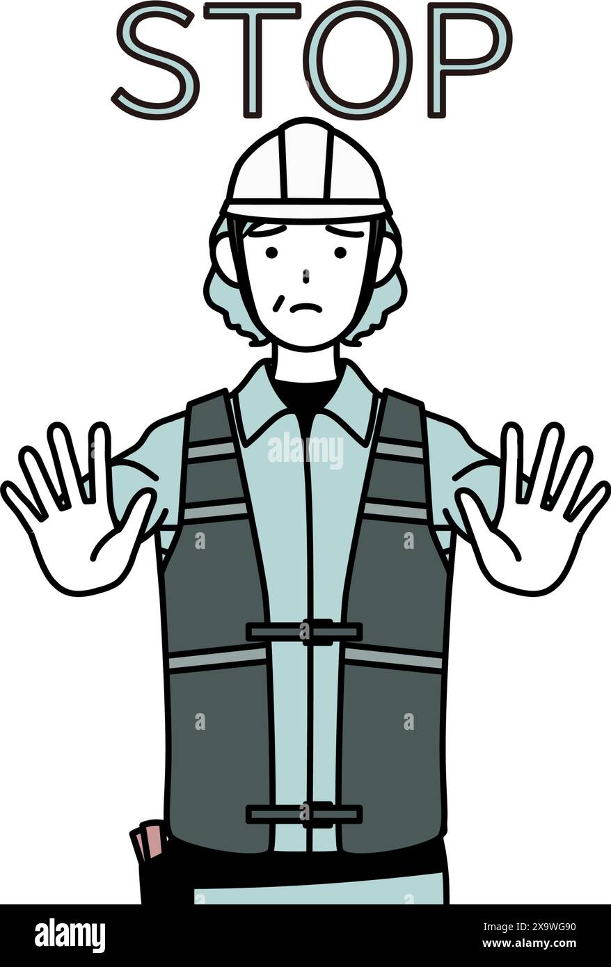 Senior female engineer in helmet and work wear with her hands out in ...