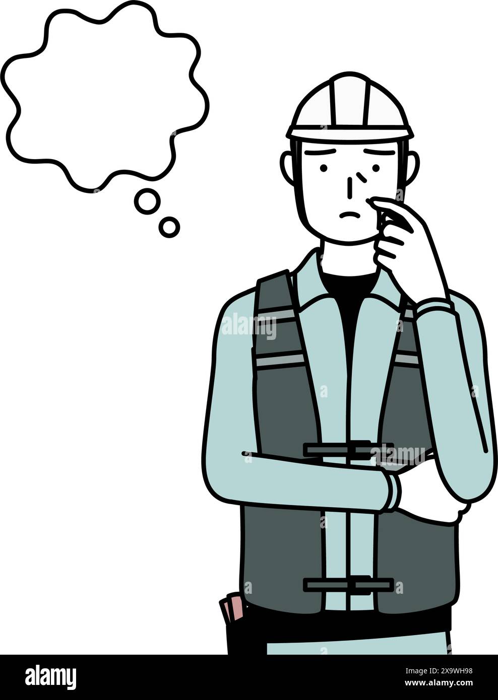 Senior male engineer in helmet and work wear thinking while scratching ...