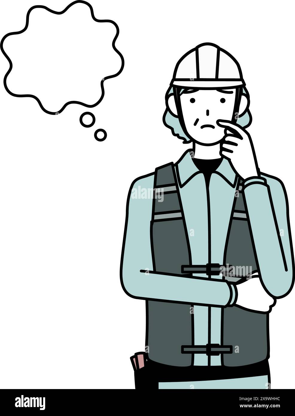 Senior female engineer in helmet and work wear thinking while ...