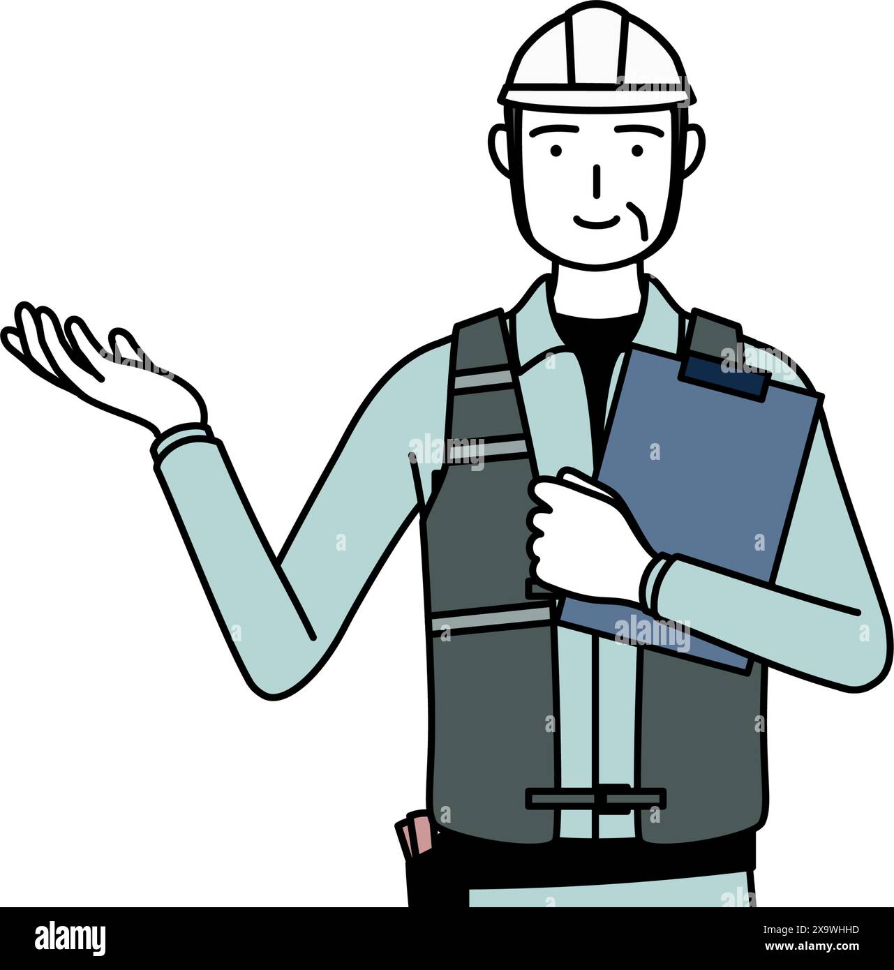 Senior male engineer in helmet and work wear holding a clipboard and ...