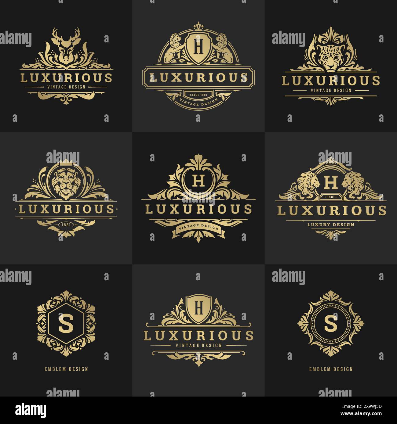 Luxury logos monograms crest design templates set vector illustration ...
