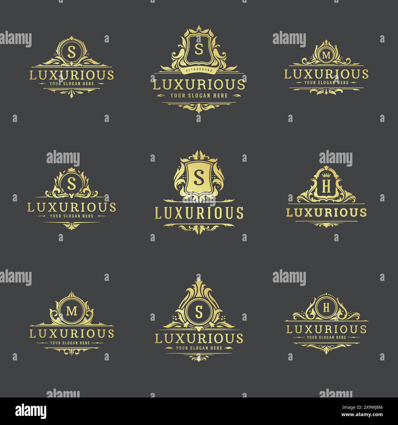 Luxury logos monograms crest design templates set vector illustration ...