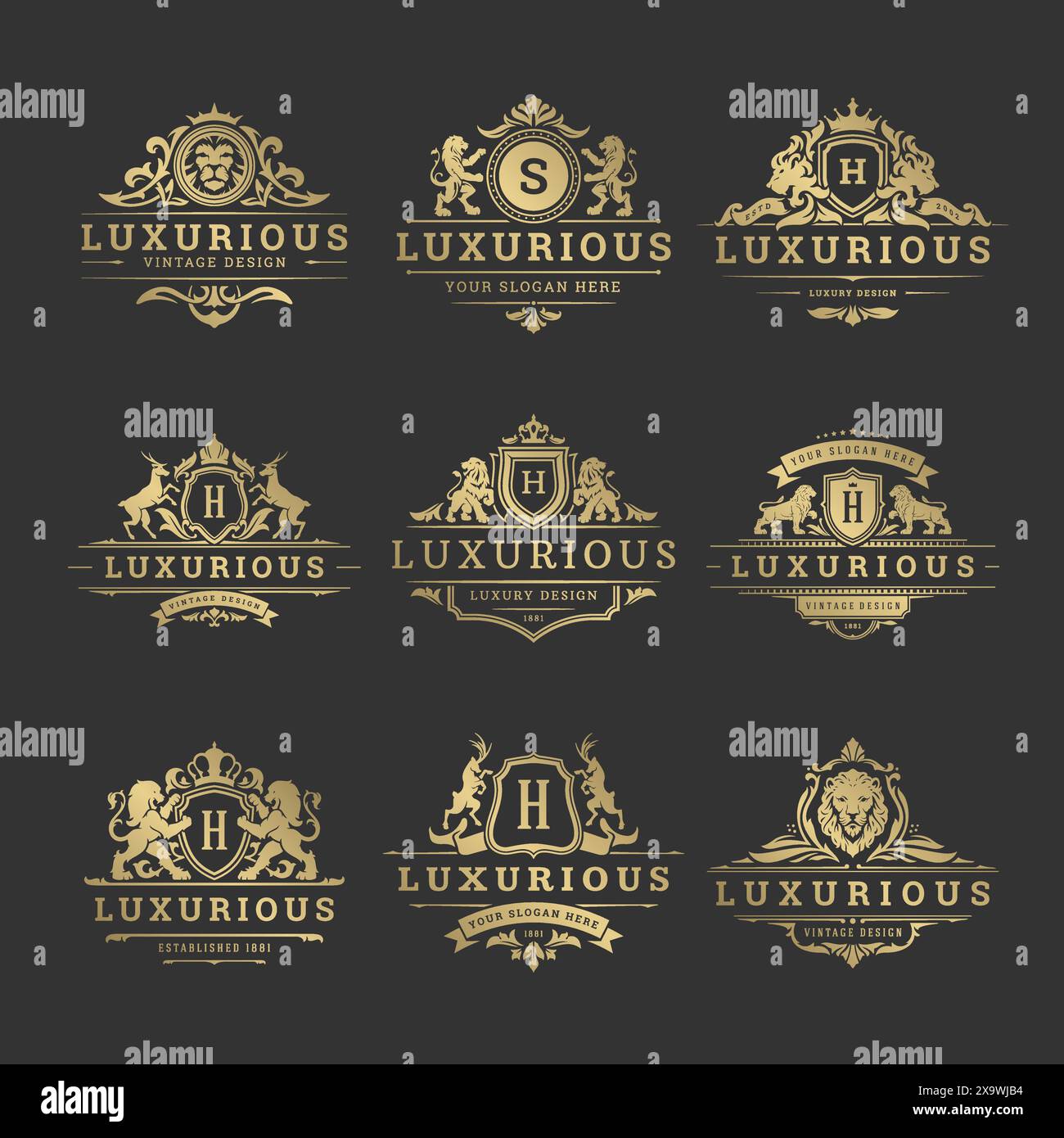 Luxury logos monograms crest design templates set vector illustration ...