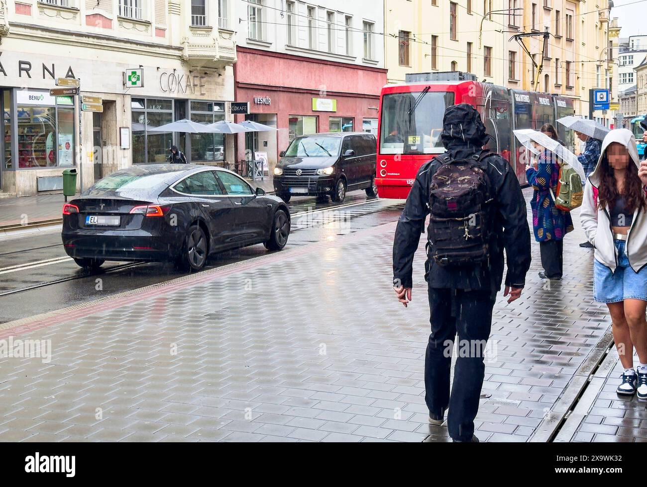 Tesla electric car behind a tram in Ostrava, Czechia, May 17, 2024 ...