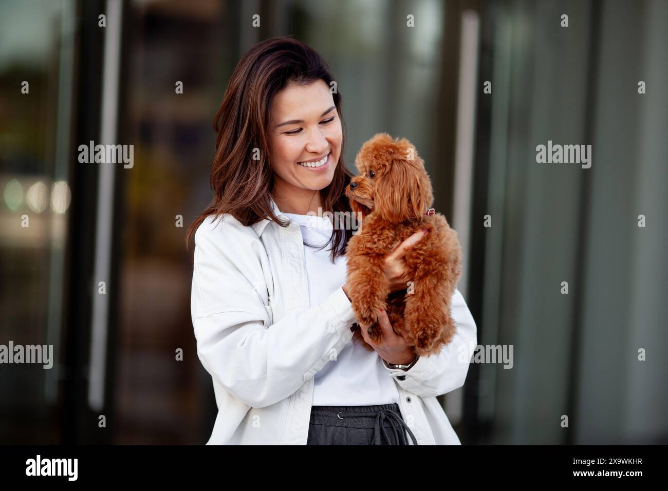 Beautiful happy dark haired woman holds and hugs small dog poodle ...