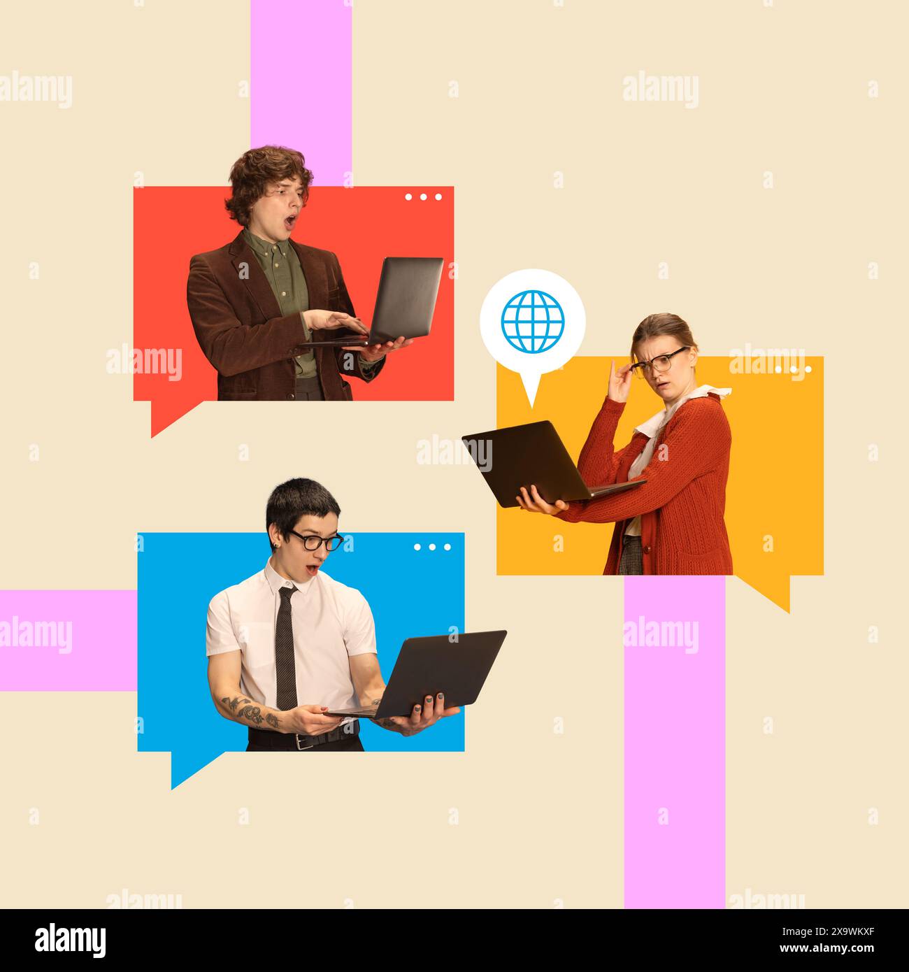 Poster. Contemporary art collage. Three people working and studying ...