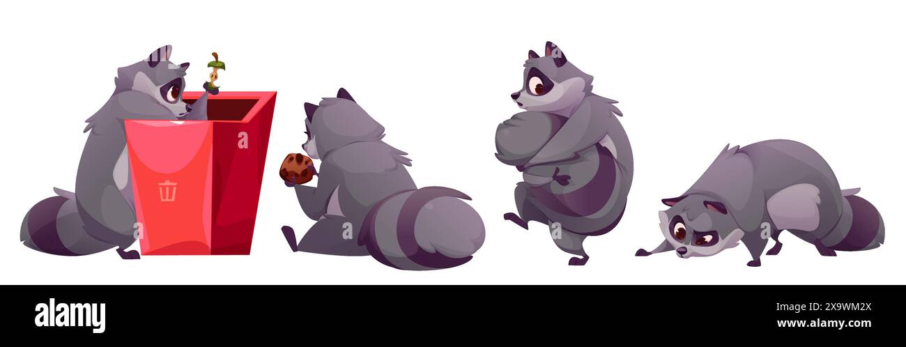 Cute racoon character set. Funny raccoon cartoon drawing. Wild thief ...