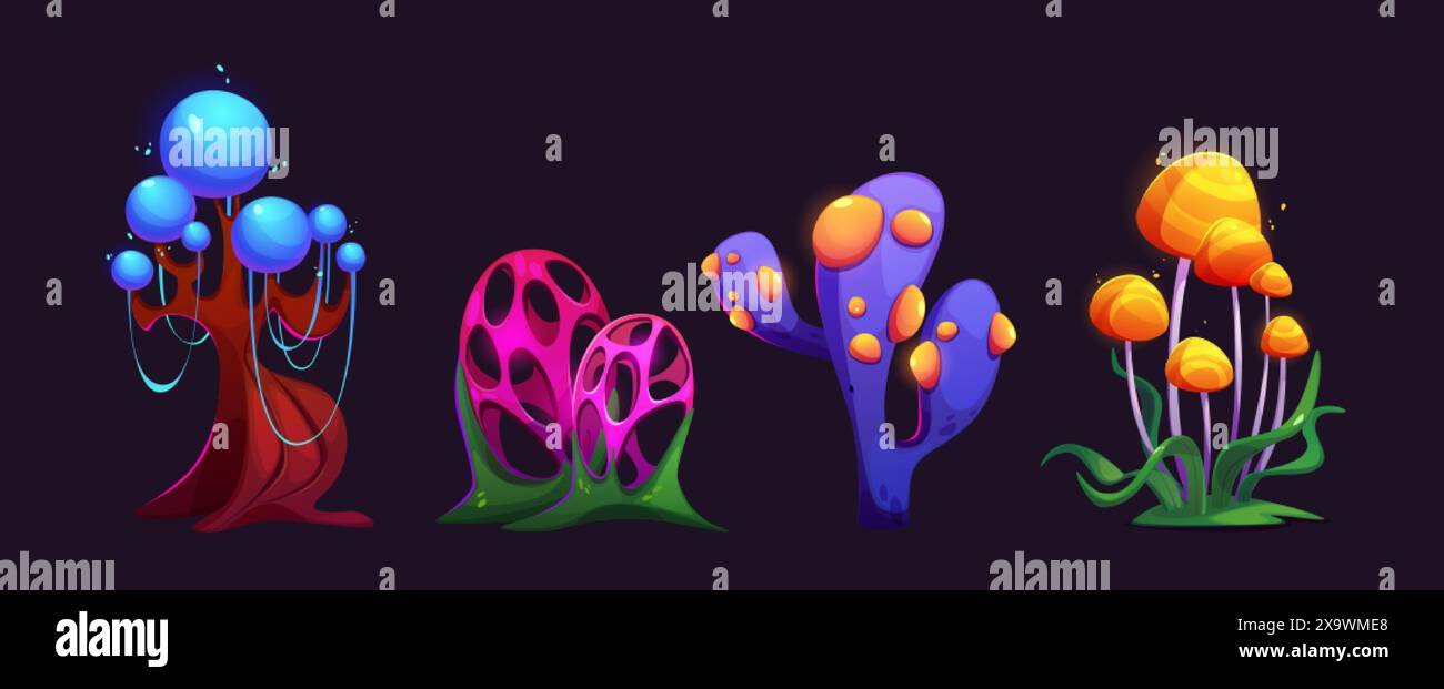 Magic neon color plants set isolated on black background. Vector ...
