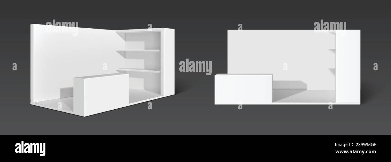 3d trade event mockup. White display booth stand. Empty fair wall and ...