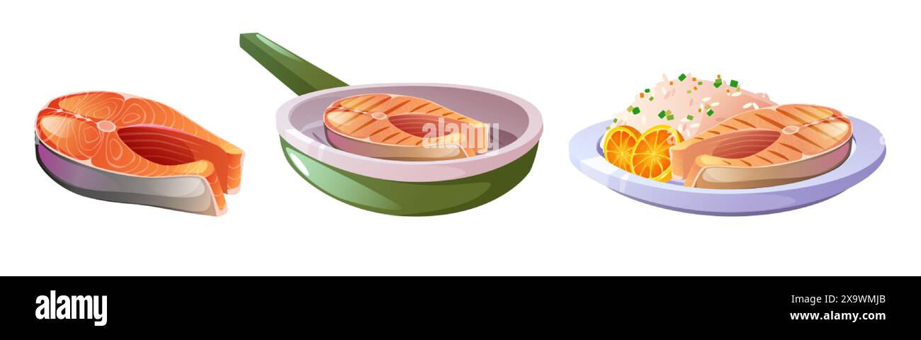 Roast grill fish steak cartoon bbq food icon set. Isolated raw and ...