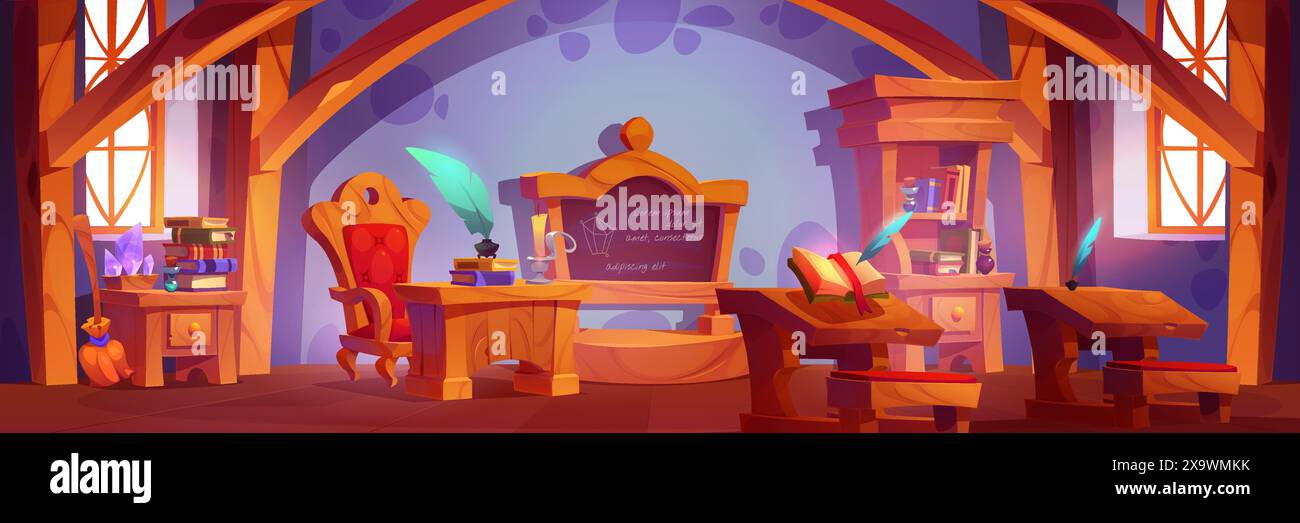Magic wizard school room in medieval house cartoon background. Castle ...