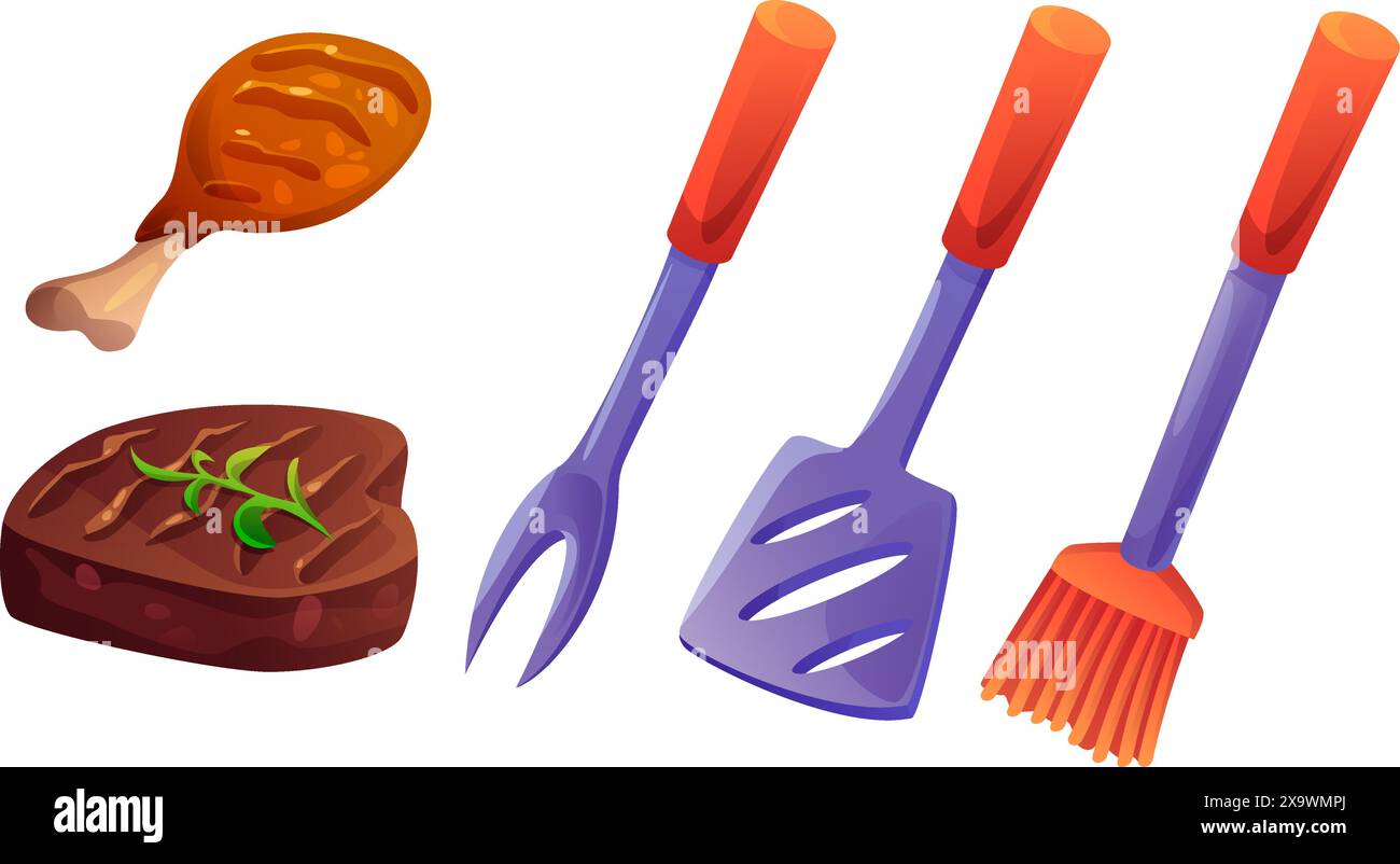 Bbq meat and tools cartoon collection. Vector illustration set of grill ...