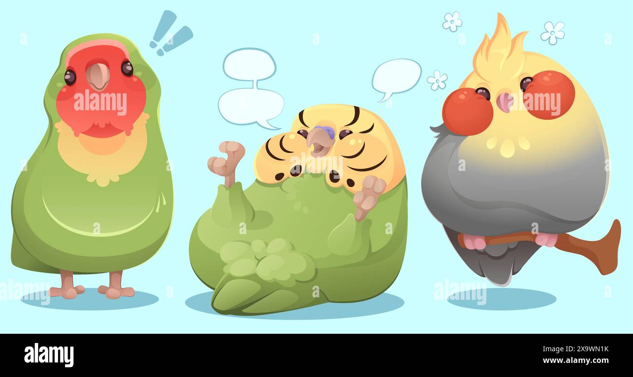 Comic parrot birds set isolated on blue background. Vector cartoon ...