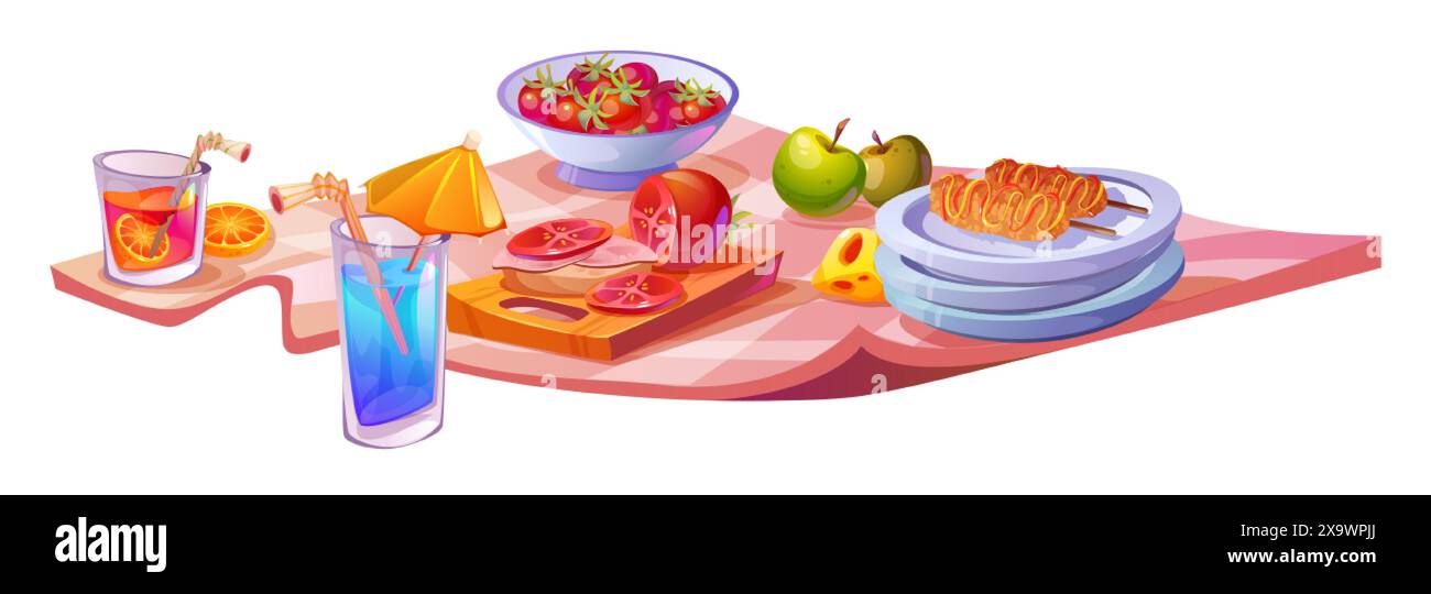 Spring picnic food on blanket for park lunch scene. Cute outdoor mat ...